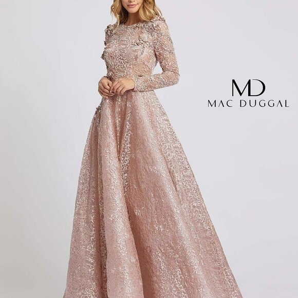 Mac Duggal | Dresses | Nwt Mac Duggal Embellished Illusion Long Sleeve A Line Gown Mocha 1121 ...